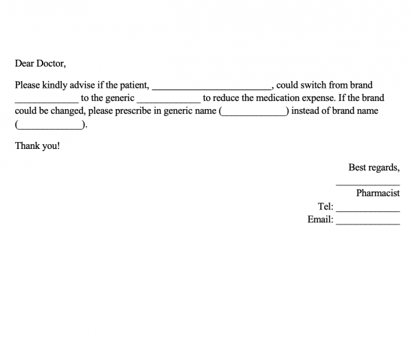 Letter to Generic Substitution (Template) – Primary Care Pharmacy ...